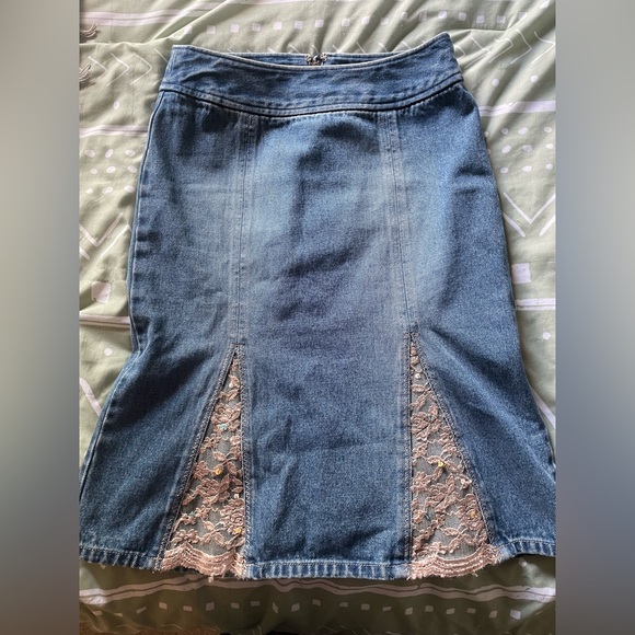 Moda International | Skirts | Vintage Y2k Jean Skirt With Lace Cut Outs | Poshmark